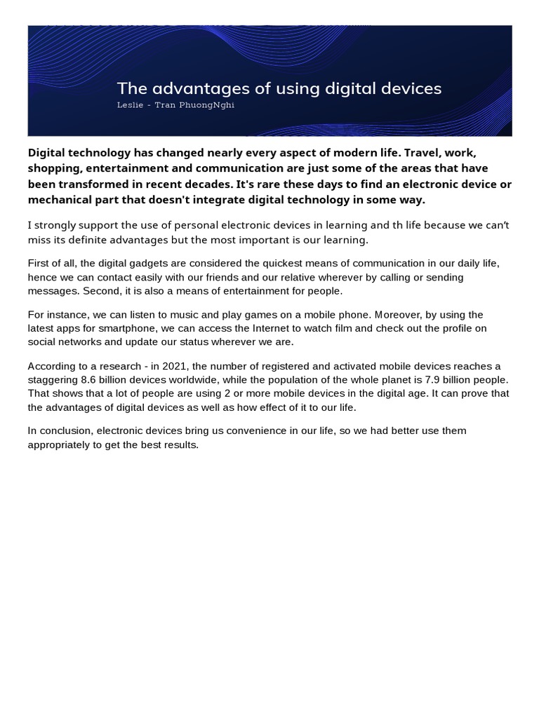 The Advantages of Using Digital Devices: Leslie - Tran Phuongnghi | PDF
