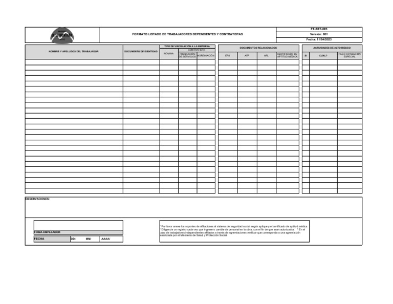 FT-SST-005 Formato Listado de Trabajadores | PDF