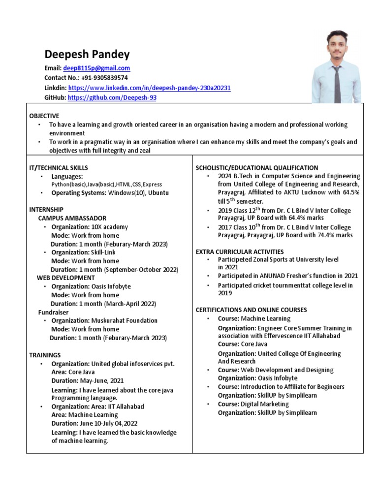 Deepesh Pandey CS-B1 Resume | PDF | Bootstrap (Front End Framework) | World Wide Web
