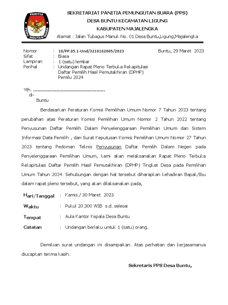 Undangan Rapat Pleno DPHP Pemilu 2024 | PDF