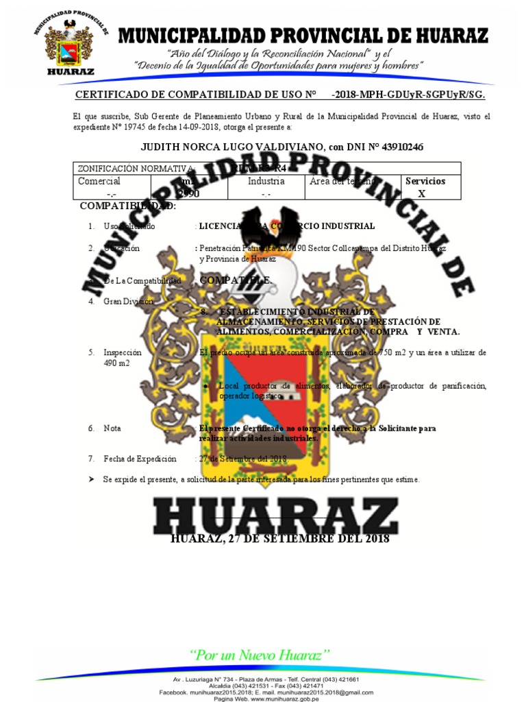 Certificado Compatibilidad de Uso - Judith Norca Lugo Valdiviano - Comercio Industrial | PDF