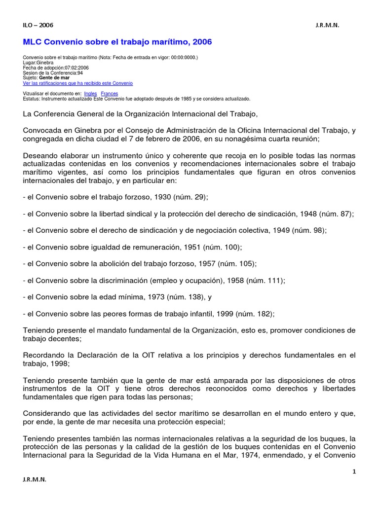 MLC Convenio Sobre El Trabajo Marítimo PDF | PDF | Tratado ...