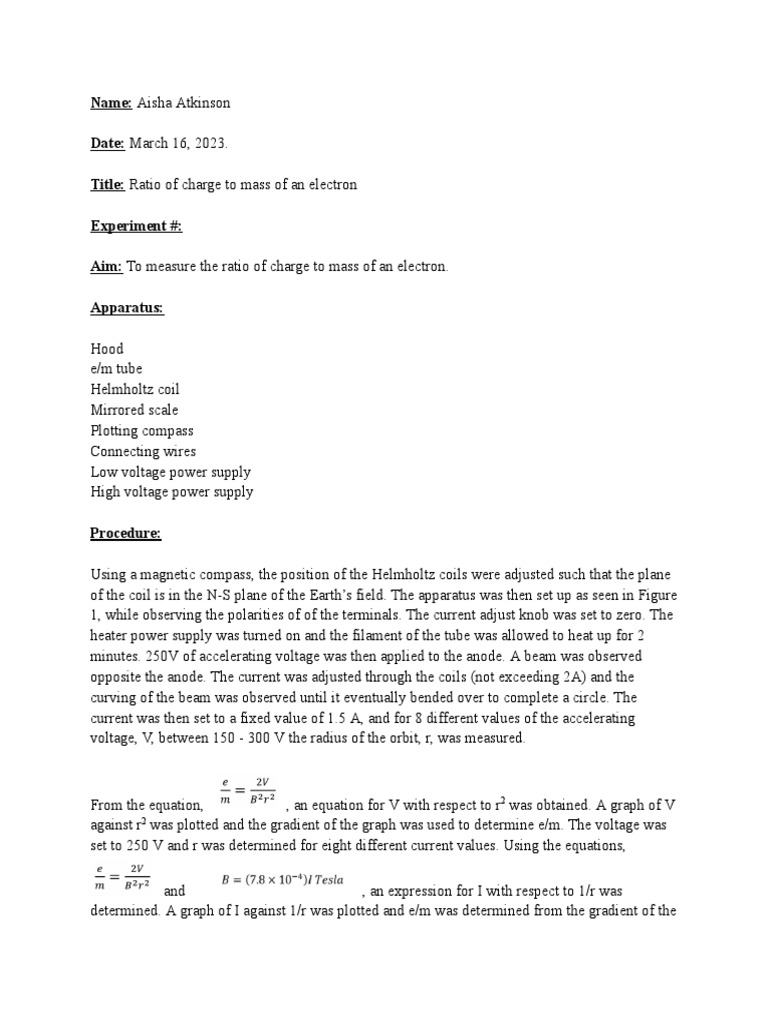 E - M OF ELECTRON LAB PDF | PDF | Electron | Vacuum Tube
