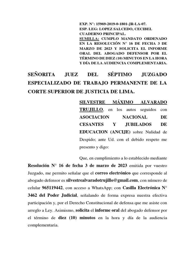 Audiencia complementaria informe oral defensor 10 minutos | PDF