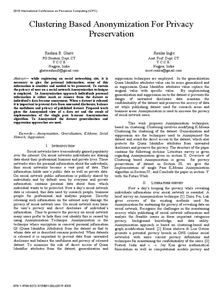 Clustering Based Anonymization For Privacy Preservation PDF | PDF | Cluster Analysis | Privacy