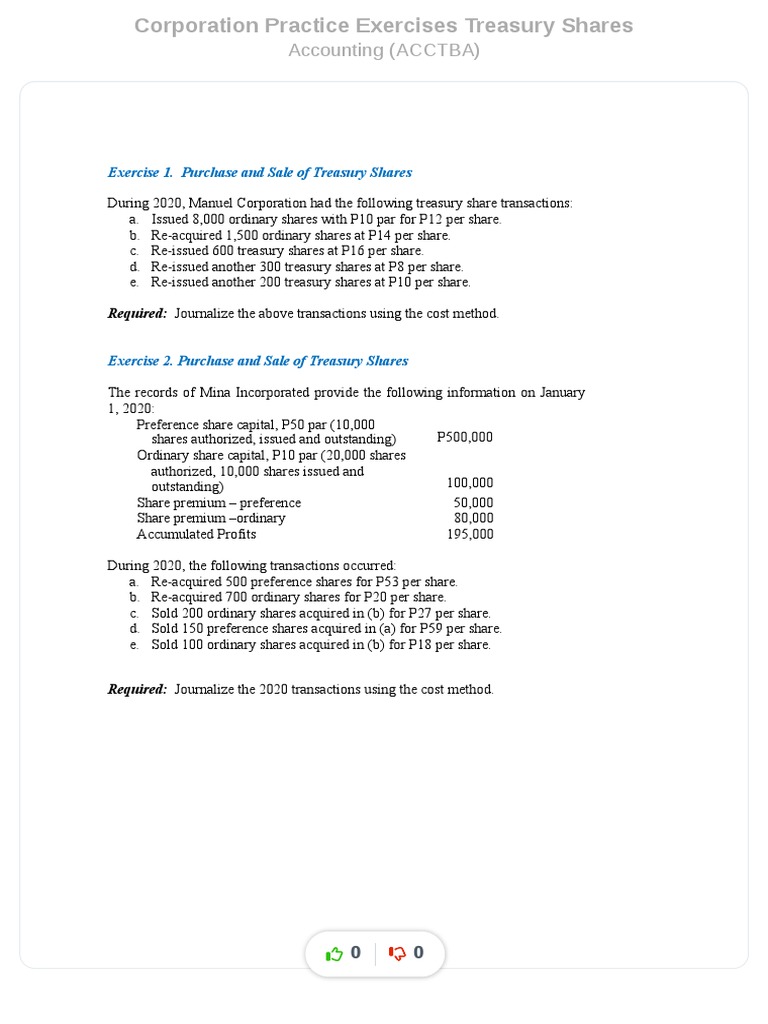 Treasury Shares Accounting Exercises | PDF