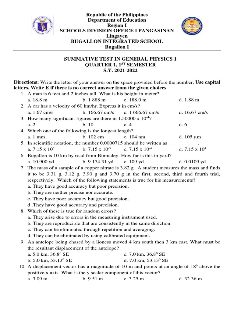 GeneralPhysics1 Q1 SummativeTest | PDF