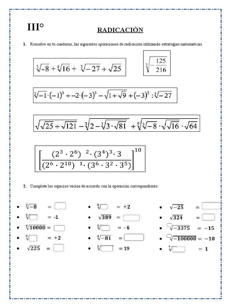 Radicaciones y estrategias matemáticas para resolver operaciones | PDF