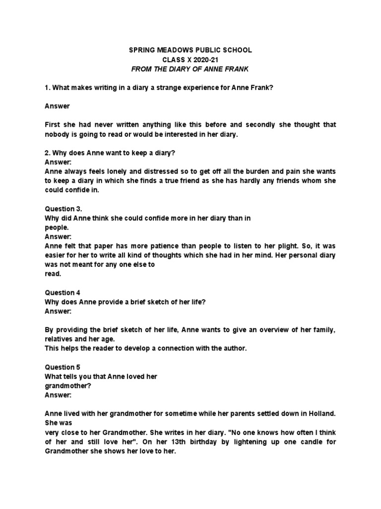 Anne Frank Question Answer | PDF