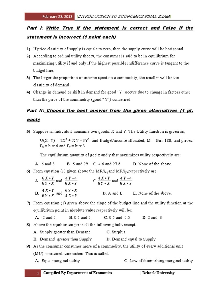 Economics Fresh Final Exam | PDF | Demand | Utility