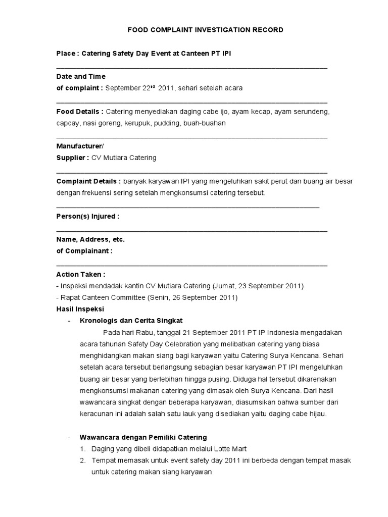 FOOD SAFETY Form | PDF