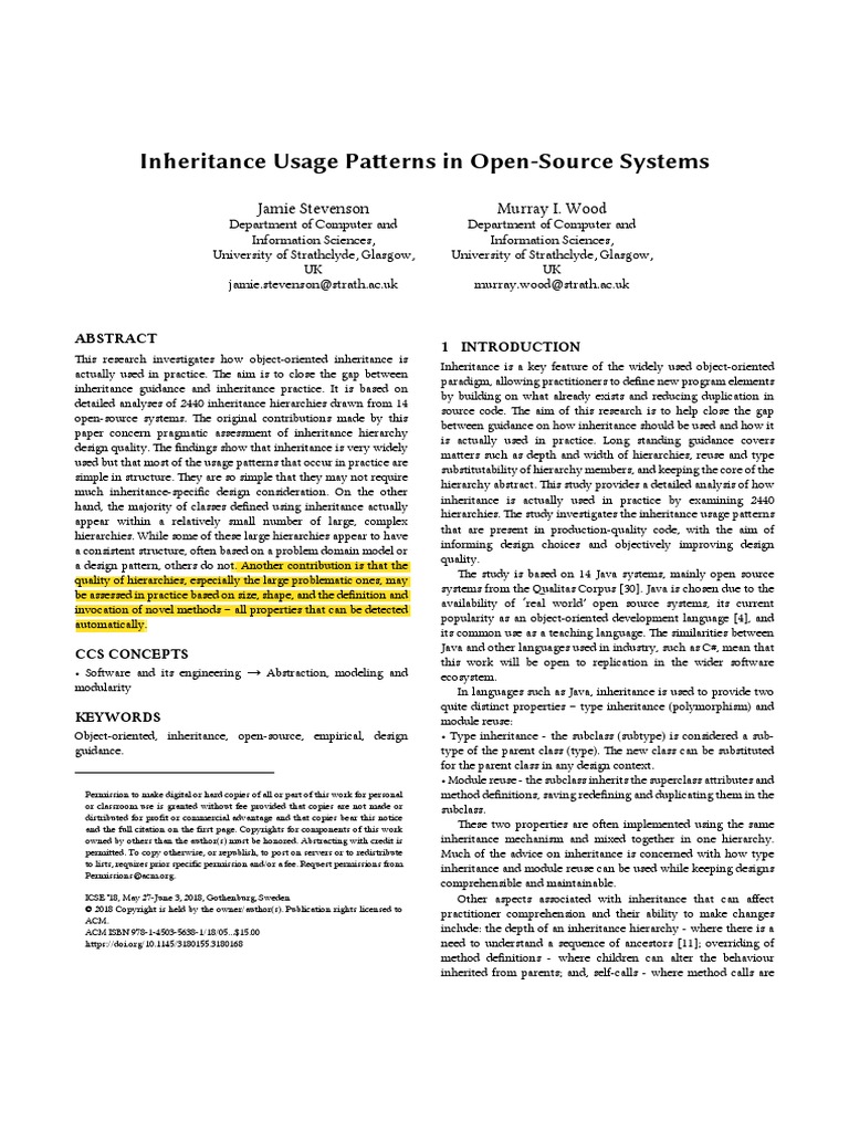 Stevenson Wood Icse 2018 Inheritance Usage Patterns In Open Source Systems Pdf Inheritance