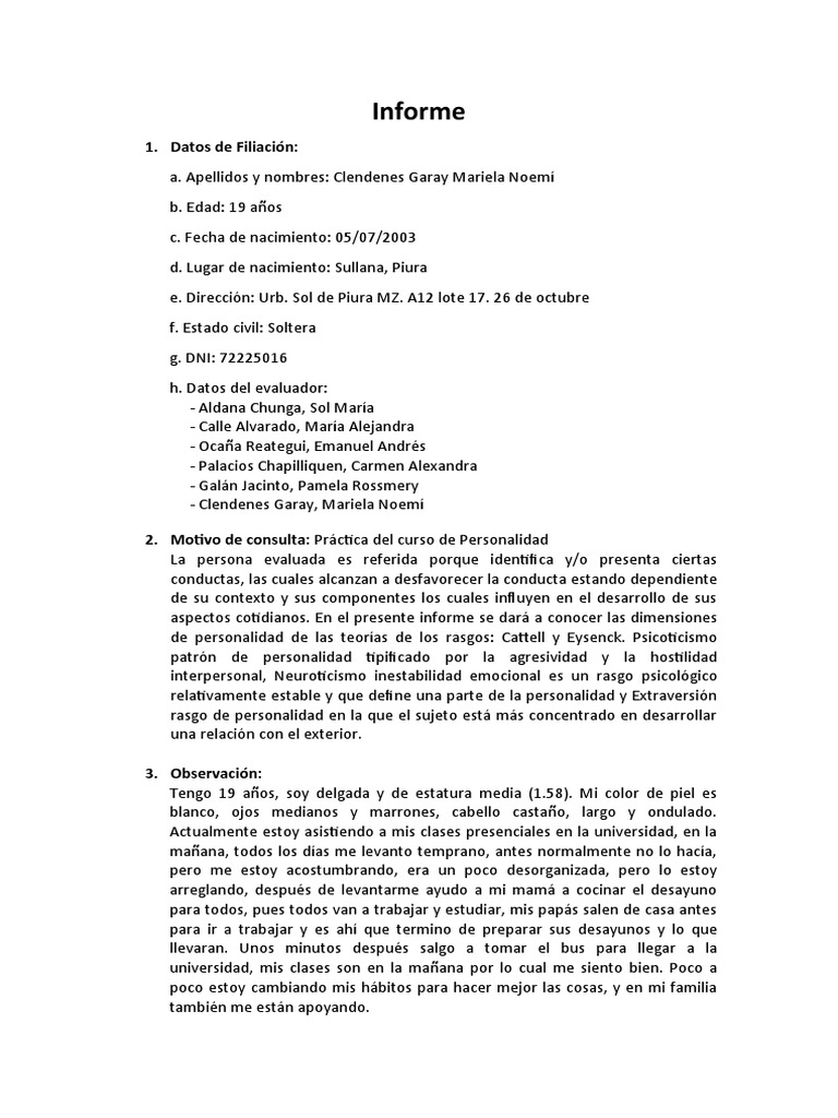 Informe Personalidad S11 | PDF | Ciencias del comportamiento | Conceptos psicologicos