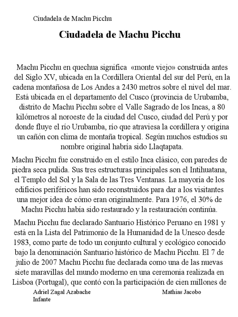 Machu Picchu en Quechua Significa | PDF | Machu Picchu