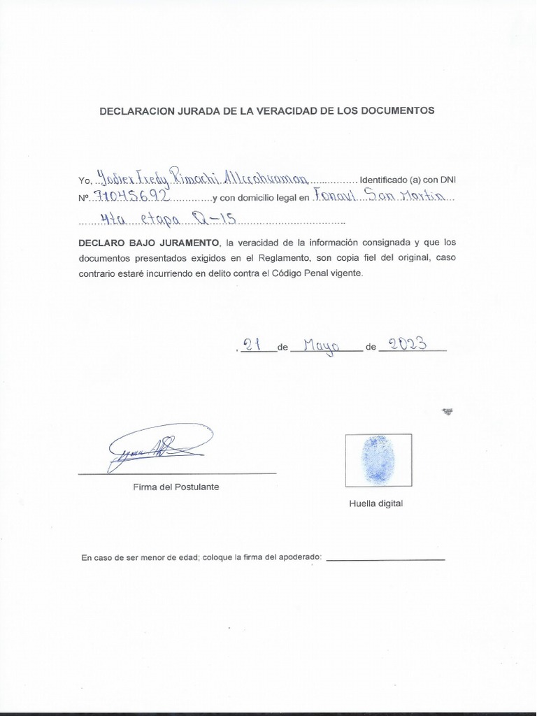 Declaracion Jurada de Veracidad PDF | PDF