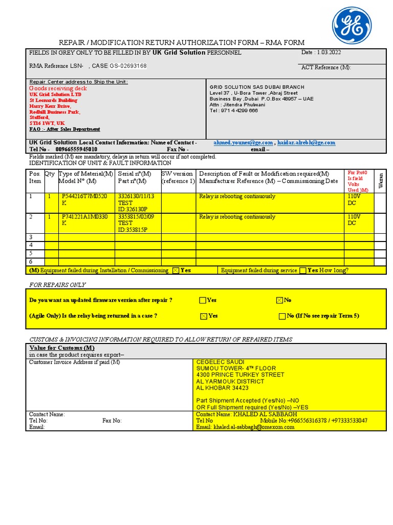 RMA Form for Relay Repair | PDF | Packaging And Labeling | Customs