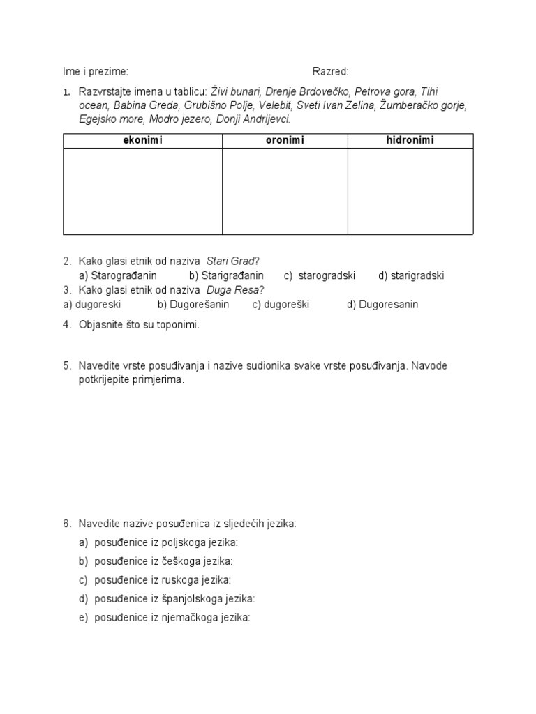 Posuđenice, Onomastika, Frazemi - TEST, 4. Razred, Travanj - A | PDF