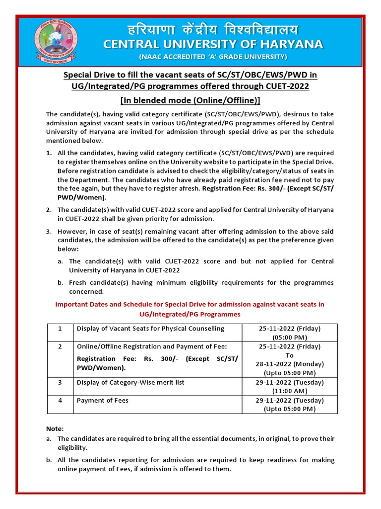 Important Dates And Schedule Special Drive To Fill The Vacant Sc St Obc