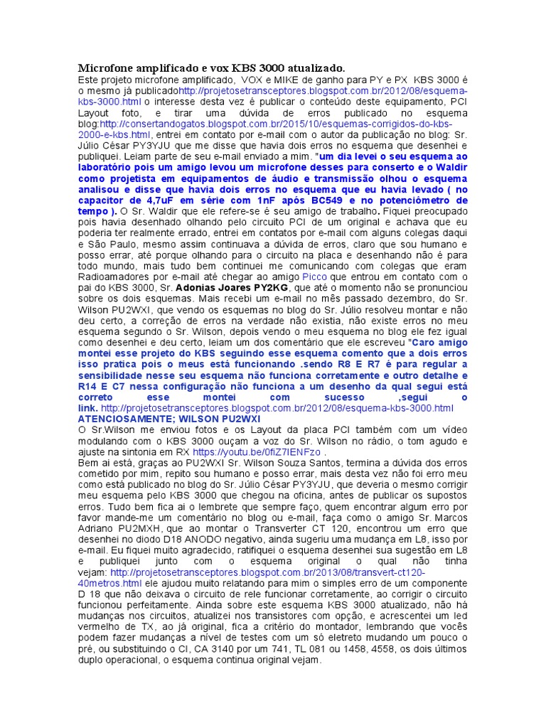 Microfone Amplificado e Vox KBS 3000 Atualizado | PDF | Eletrônicos | Eletricidade