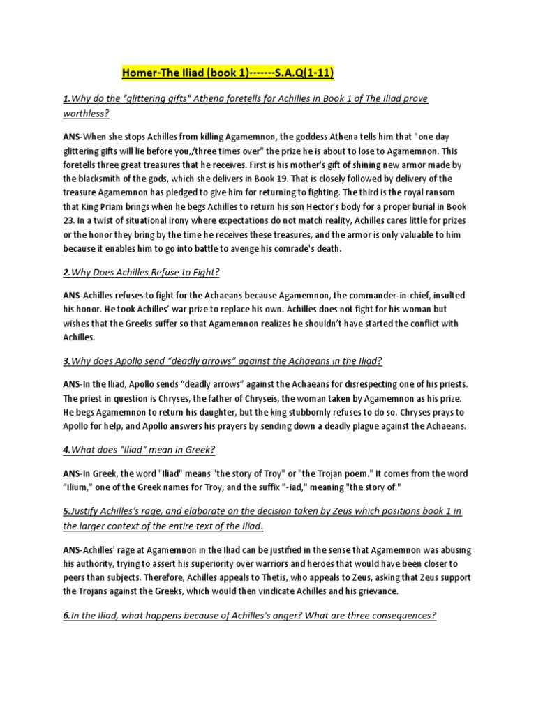 (NOTES) Homer The Iliad (Book1) (1-11) | PDF | Iliad | Achilles