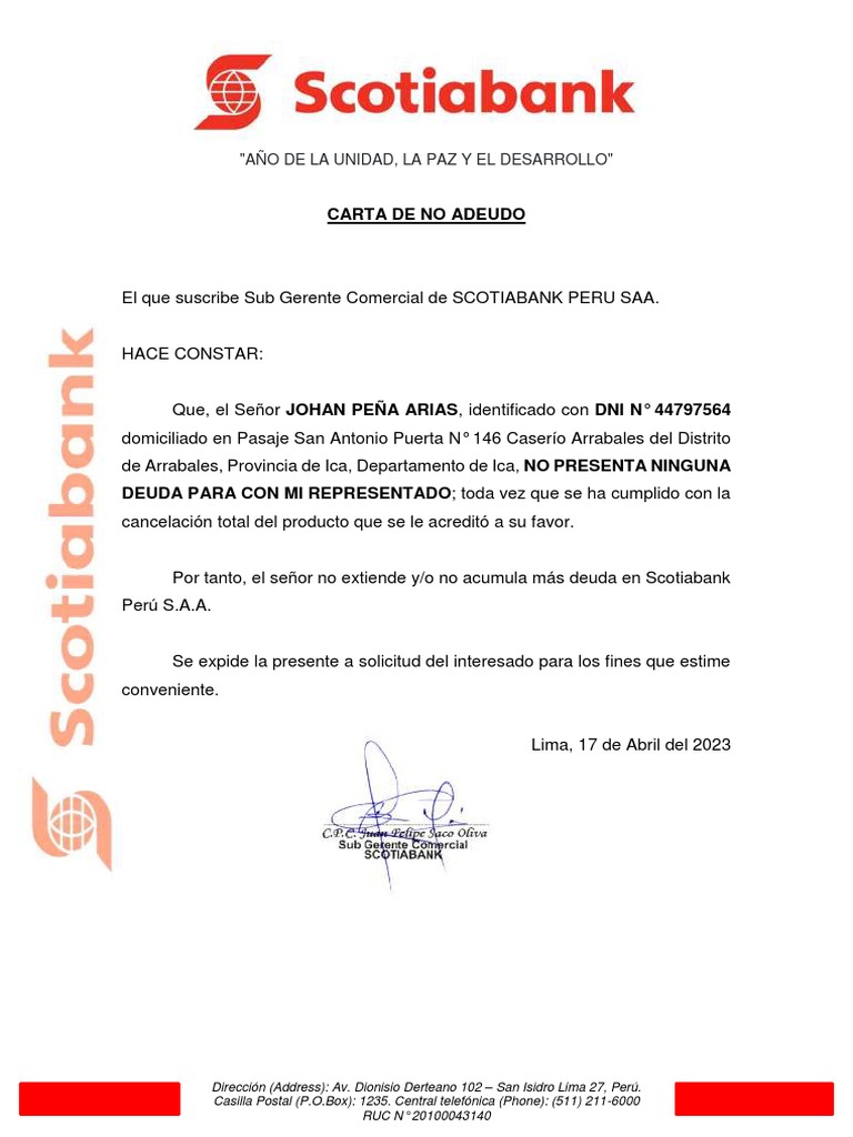 Carta de No Adeudo Scotiabank 2023 | PDF