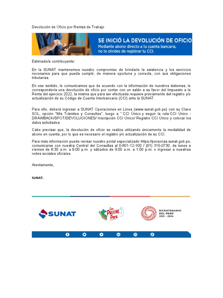 Comunicación Registro CCI - Devolución de Oficio Aprobada | PDF