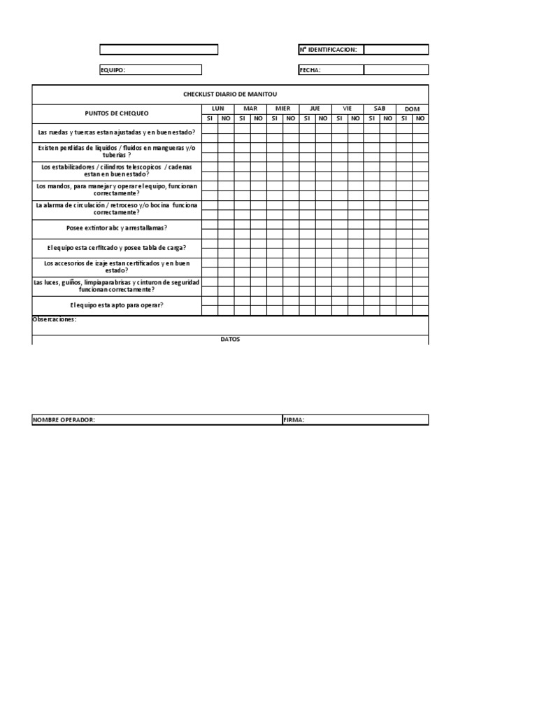 Checklist diario Manitou.xlsx | PDF