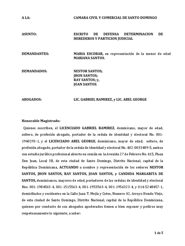 Escrito Defensa - Determinacion de Herederos y Particion Litigiosa (18 ... Escrito Defensa - Determinacion de Herederos y Particion Litigiosa (18 ...