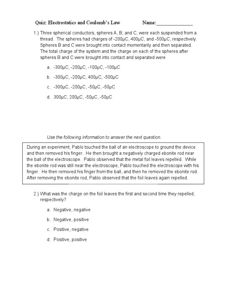 Quiz - Electrostatics and Coulombs Law | PDF | Force | Electrical ...