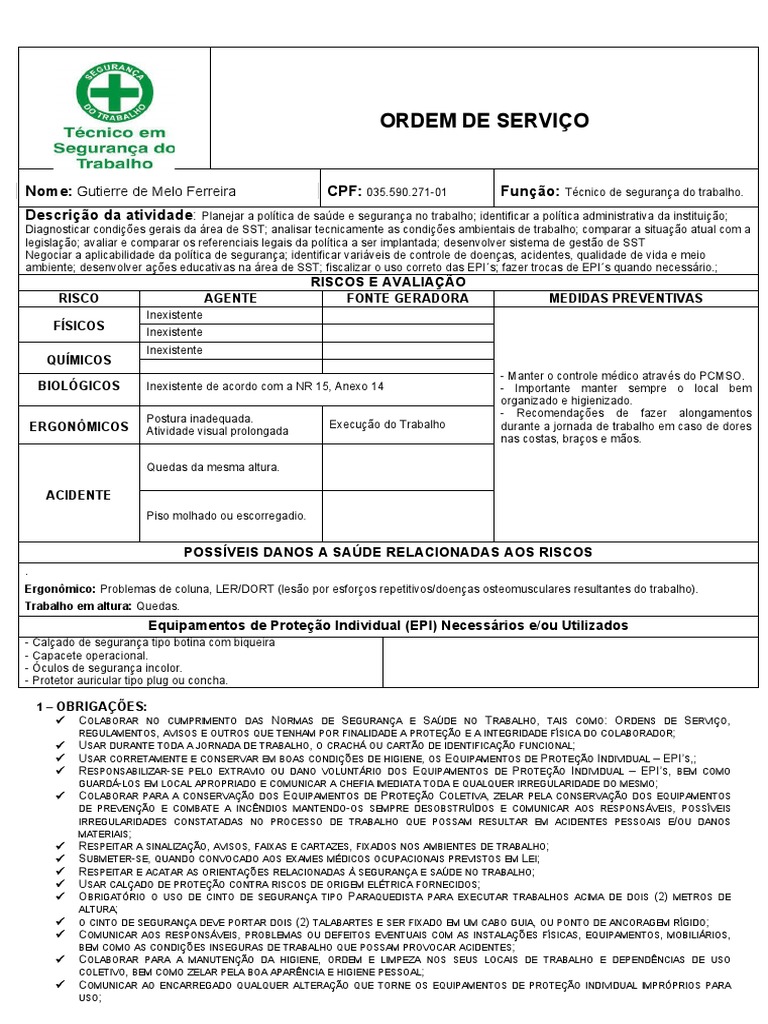 Modelo de Os Tecnico de Segurançaa | PDF | Dirigir | Segurança