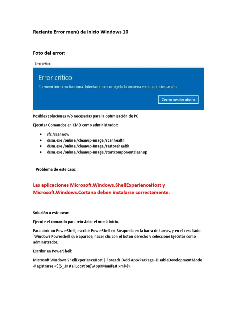 Solución Error de Menu de Inicio Win 10 | PDF