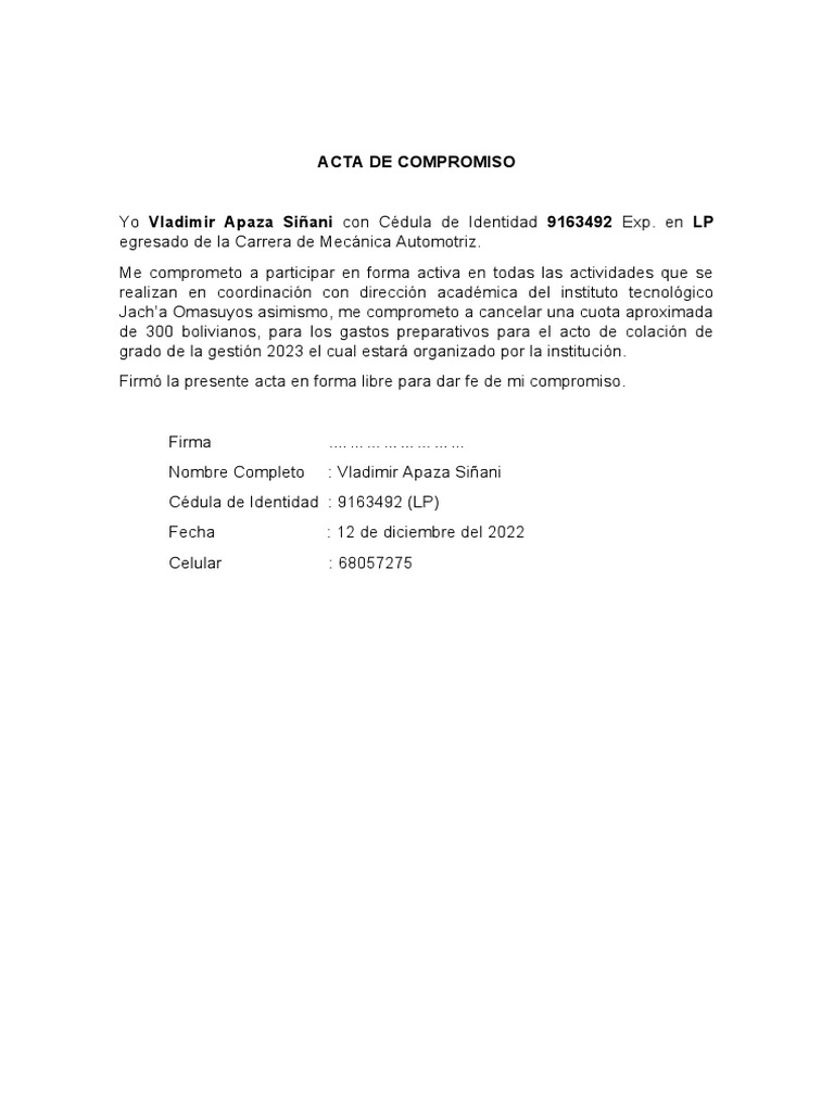 Acta de Compromiso de Graduación | PDF