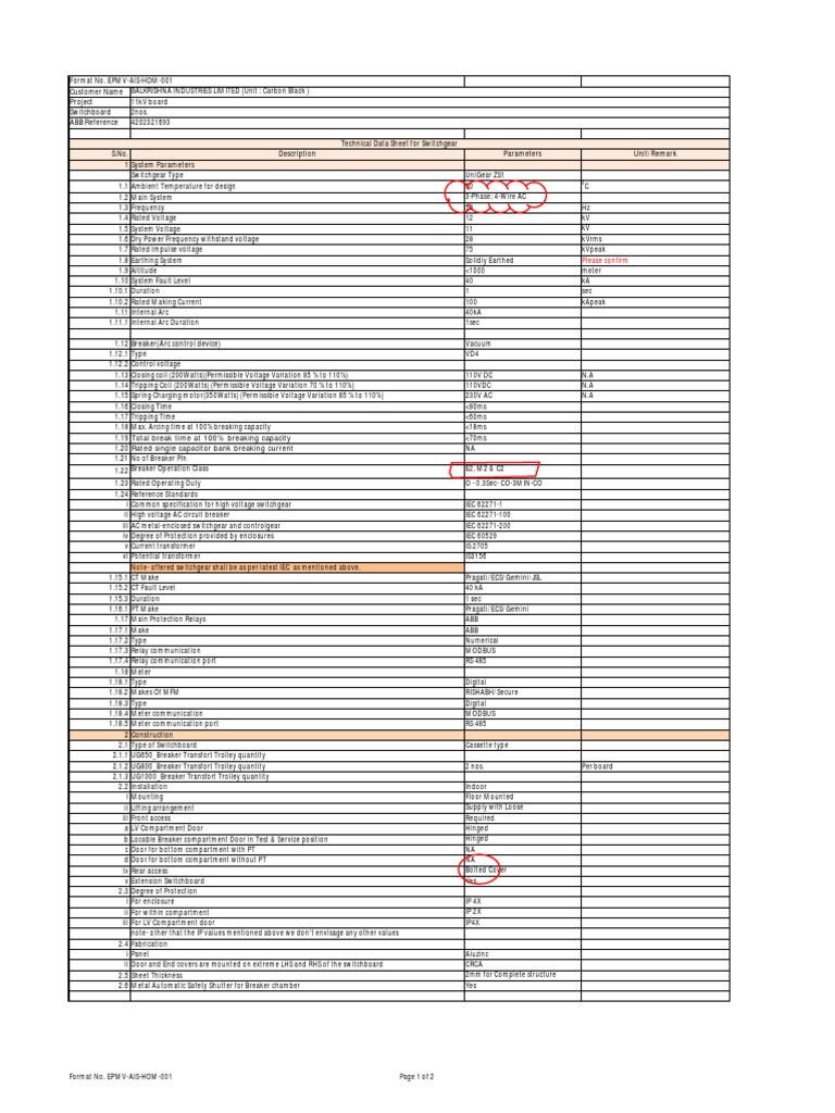 Technical Data Sheet for Switchgear | PDF | Alternating Current ...