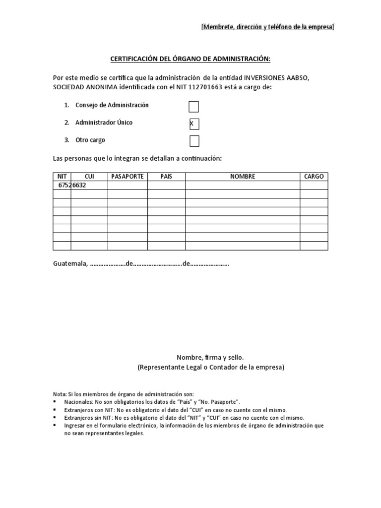 Formato Certificacin Del Rgano de Administracin | PDF