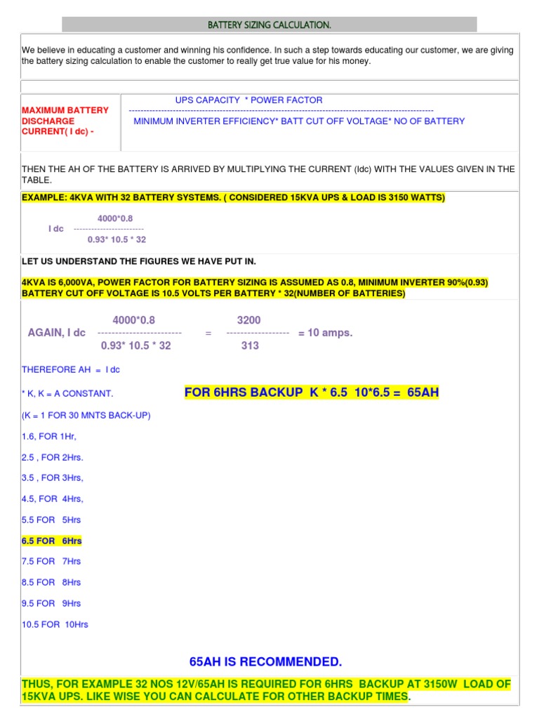 Battery Sizing Calculation-15kva Ups (3150 Watts For 6HRS) | PDF