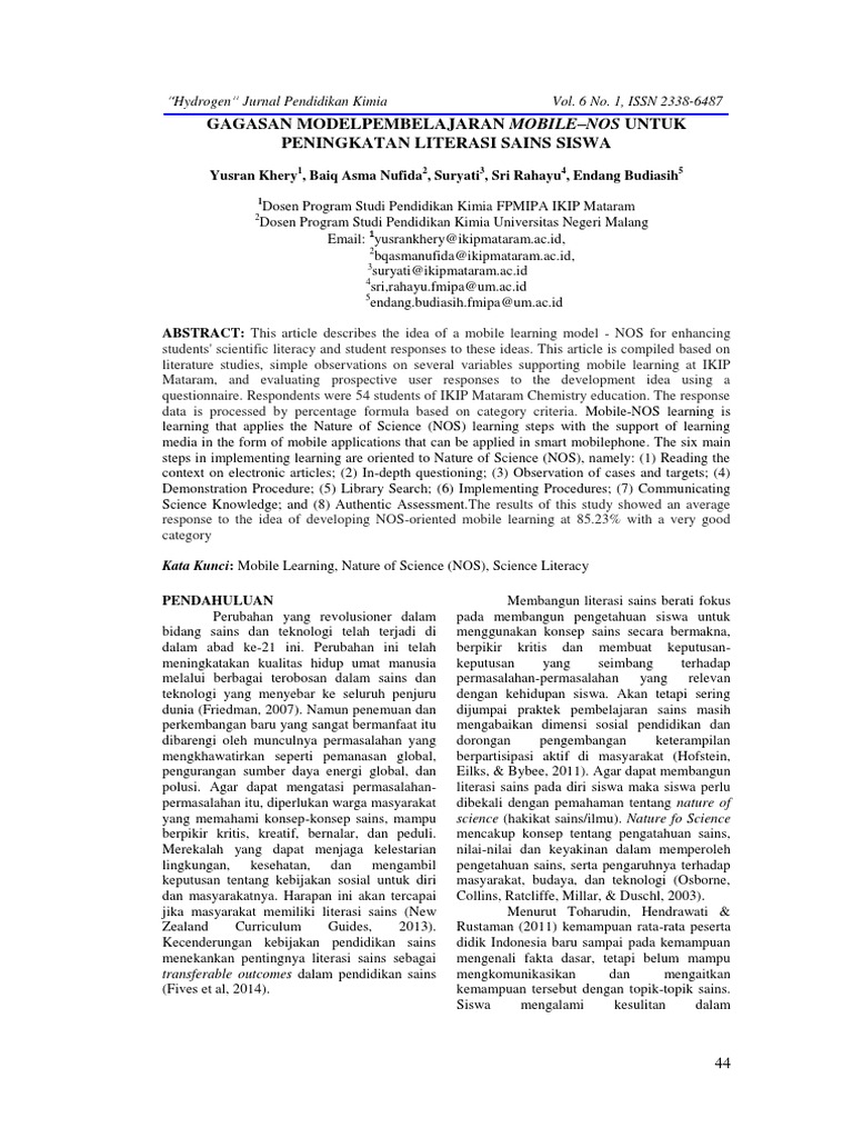 Yusran Dkk-Jurnal Hydrogen-GAGASAN MODELPEMBELAJARAN MOBILE-NOS UNTUK PENINGKATAN LITERASI SAINS ...
