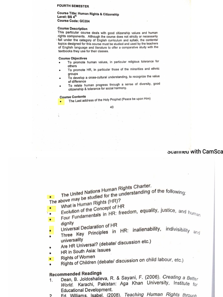 Human Rights and Citizenship COURSE OUTLINE PDF | PDF