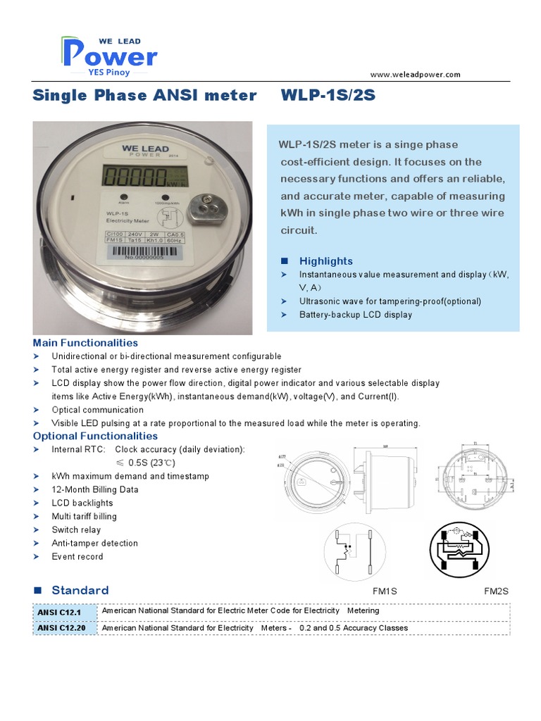 Single Phase ANSI Energy Meter WLP-1S/2S | PDF | Electric Power ...