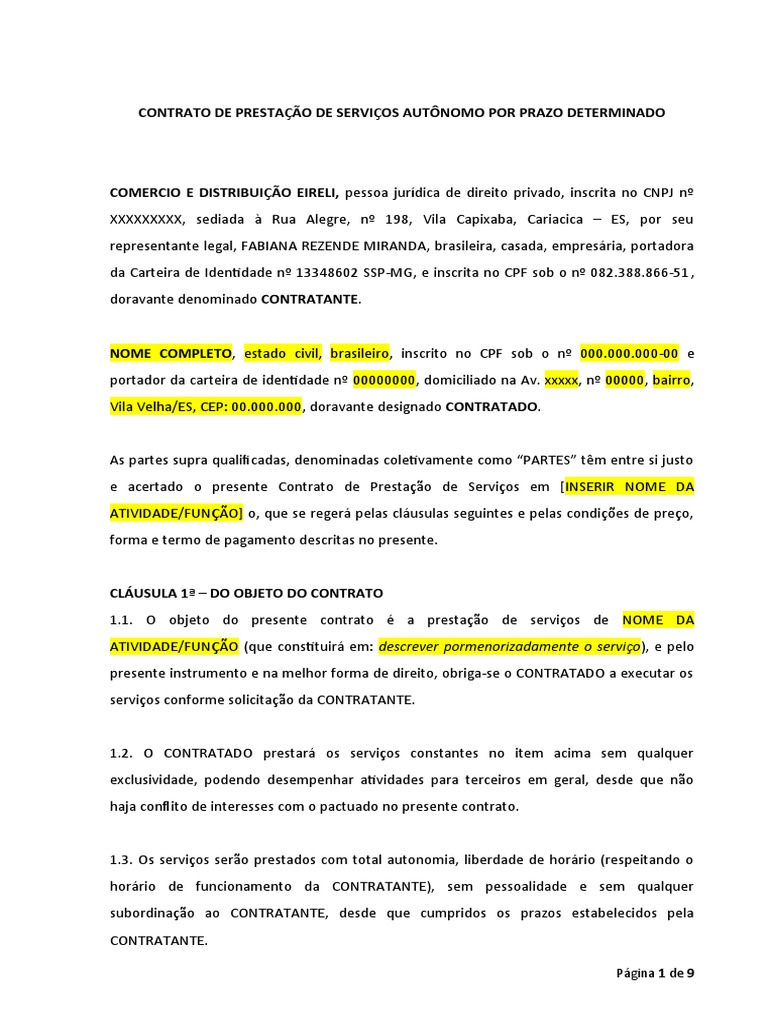 Modelo - Contrato de Prestação de Serviços - Prazo Indeterminado | PDF ...