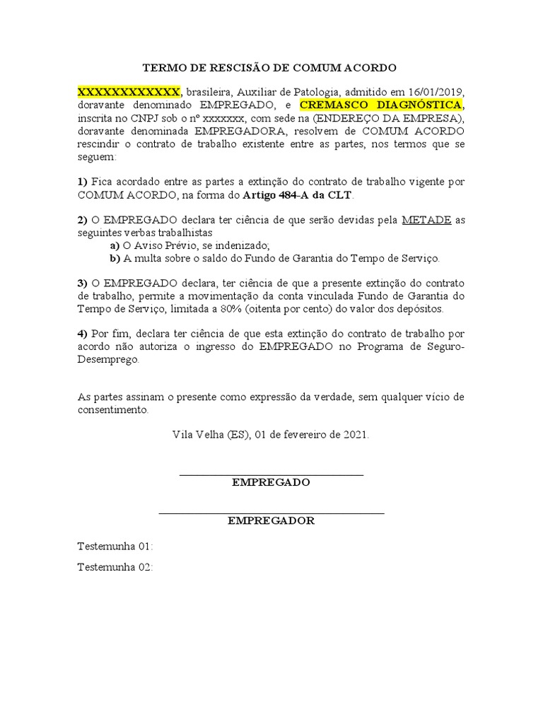Modelo Termo de Acordo - 484-A CLT | PDF