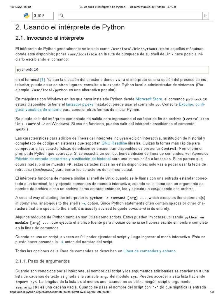 Usando El Intérprete de Python - Documentación de Python - 3.10.8 | PDF | Python (lenguaje de ...