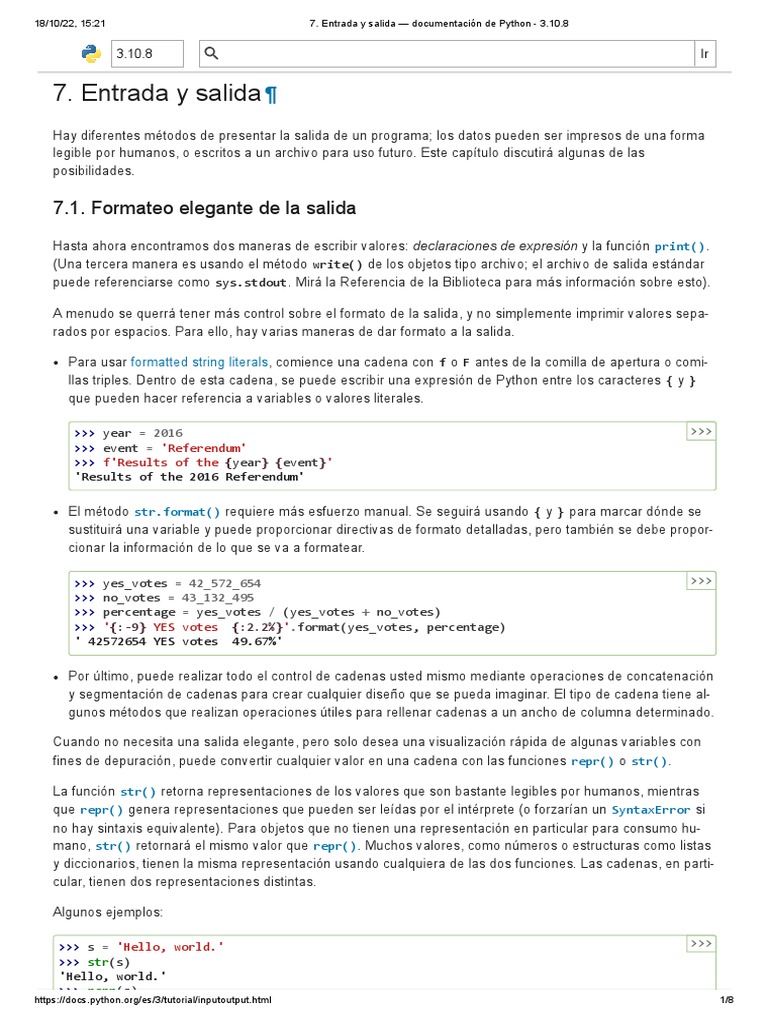 Entrada y Salida - Documentación de Python - 3.10.8 | PDF | Python (lenguaje de programación ...