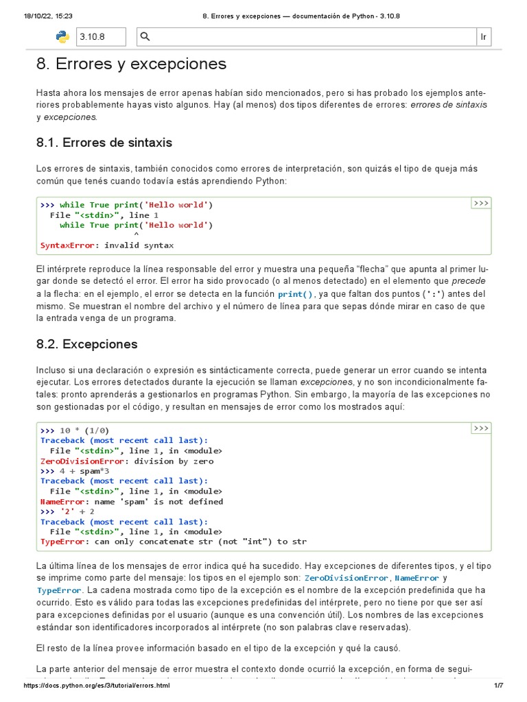 Errores y Excepciones - Documentación de Python - 3.10.8 | PDF | Python ...