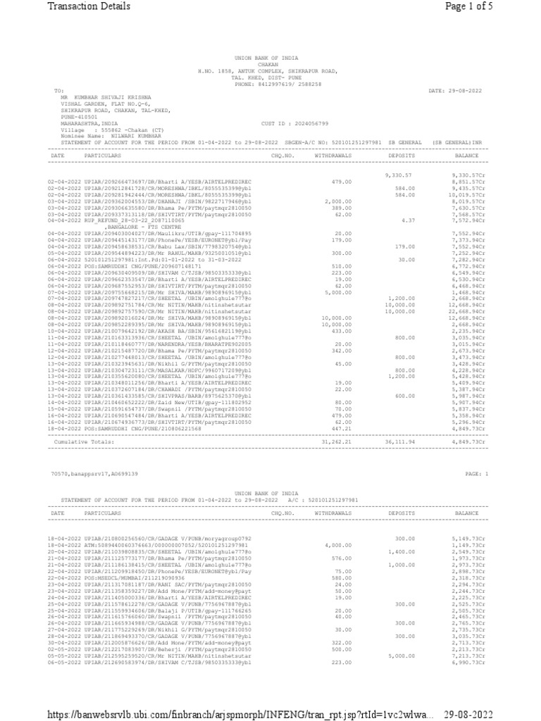 Union Bank Statement Summary | PDF | Cheque | Banks