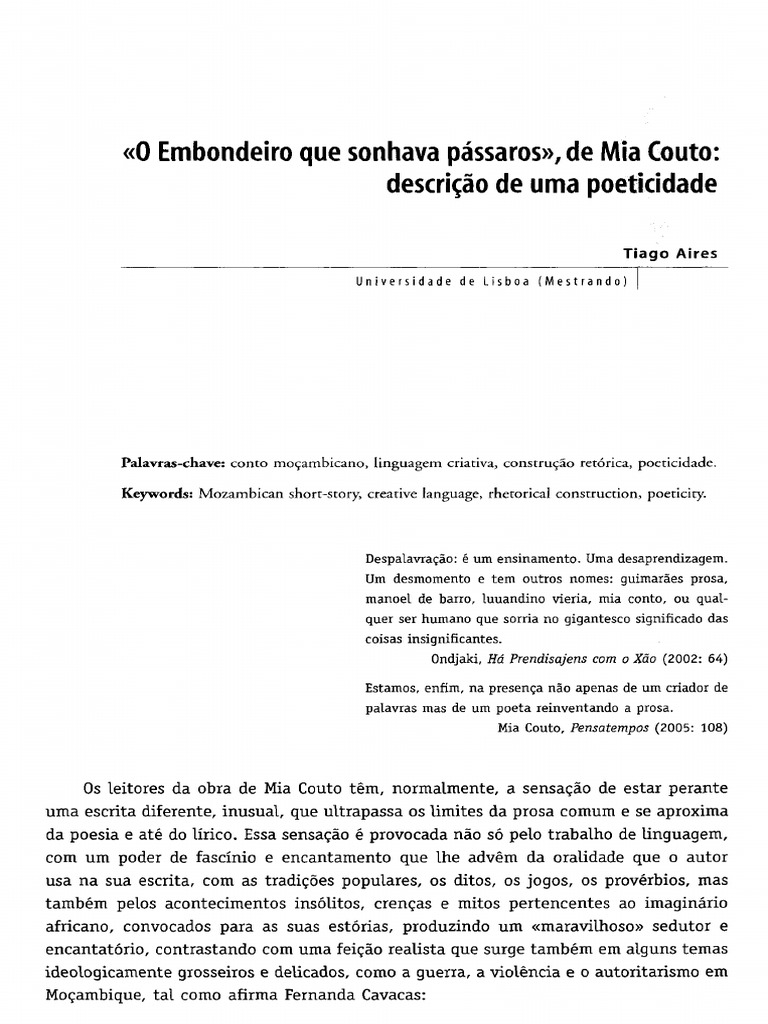 O Embondeiro Que Sonhava Passaros PDF | PDF | Poesia | Contos