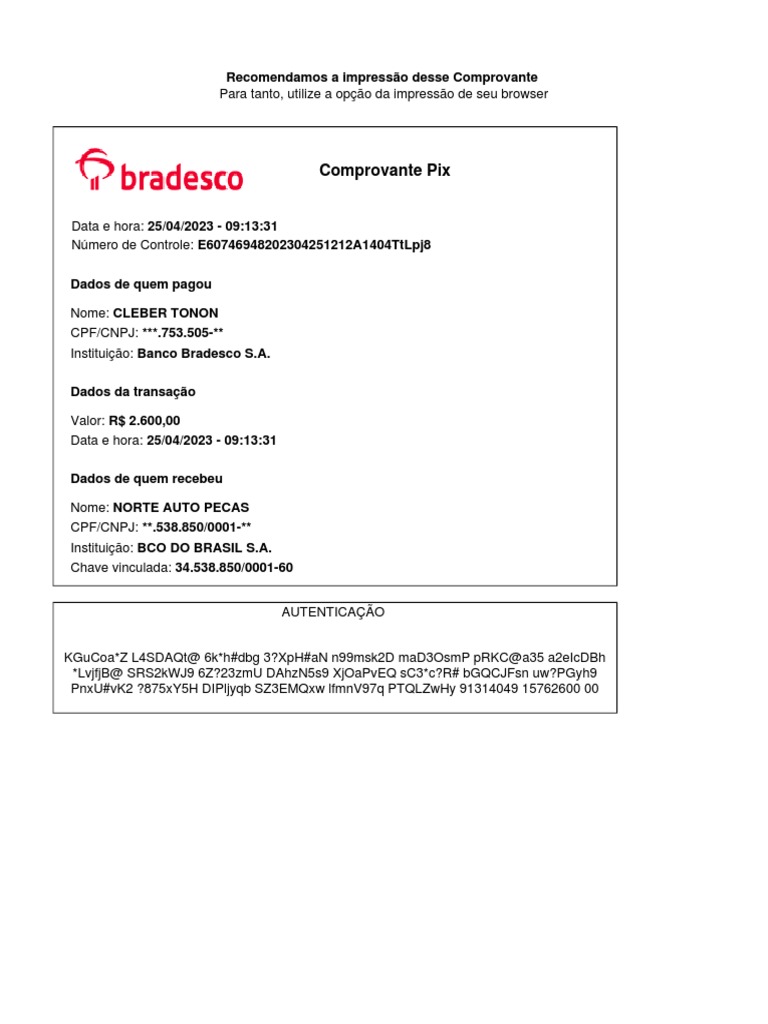 Comprovante Pix: Recomendamos A Impressão Desse Comprovante | PDF