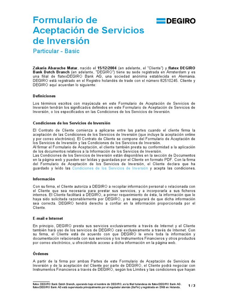 Formulario de Aceptación de Servicios de Inversión PDF | PDF | Efectivo ...