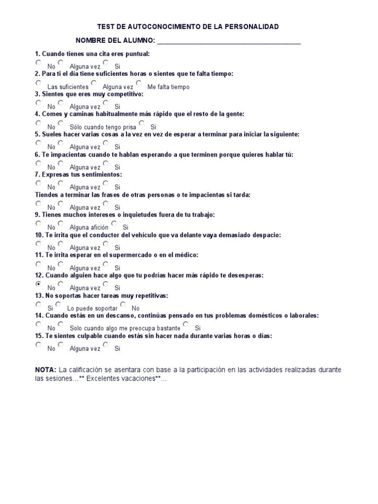 Test de Autoconocimiento de La Personalidad | PDF