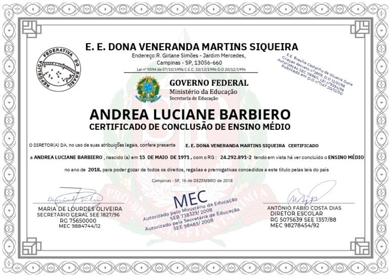 Certificado de Conclusão do Ensino Médio | PDF