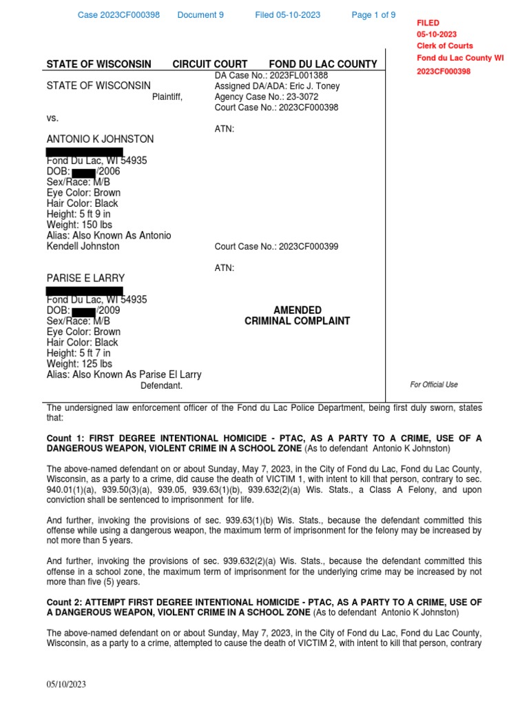 Parise Larry/Antonio Johnston Criminal Complaint | PDF | Felony | Murder